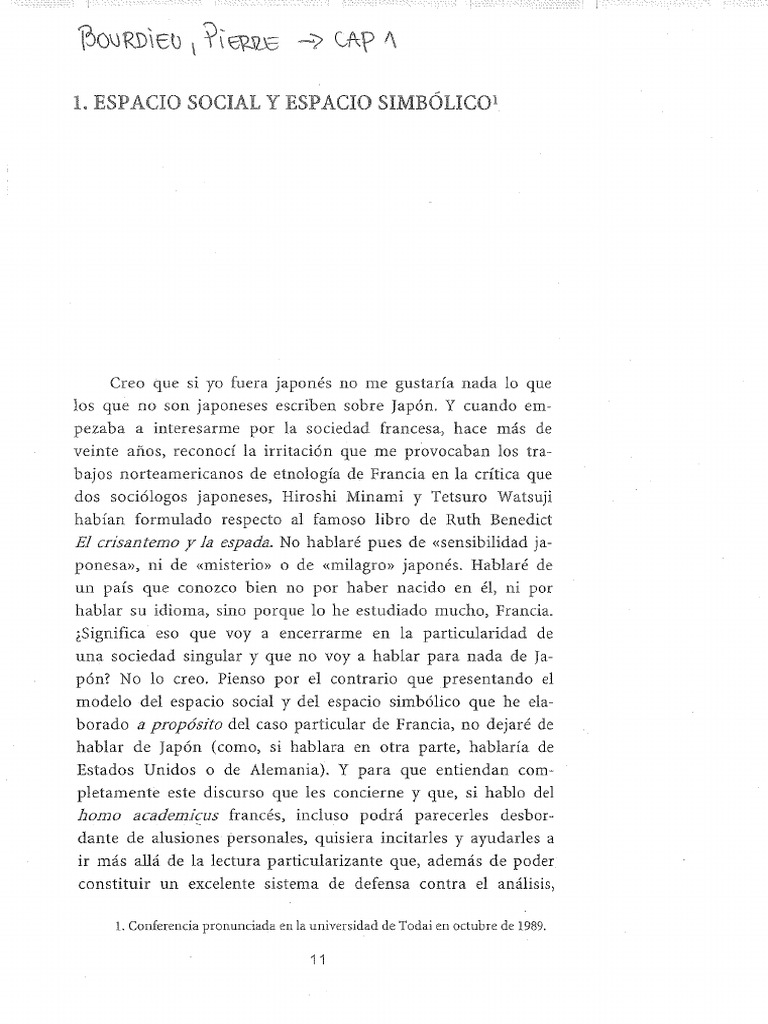 Bourdieu, P CAP 1 - Espacio Social, Espacio Simbolico | PDF
