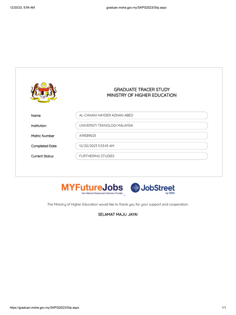 Graduan - Mohe.gov - My SKPG2023 Slip - Aspx | PDF