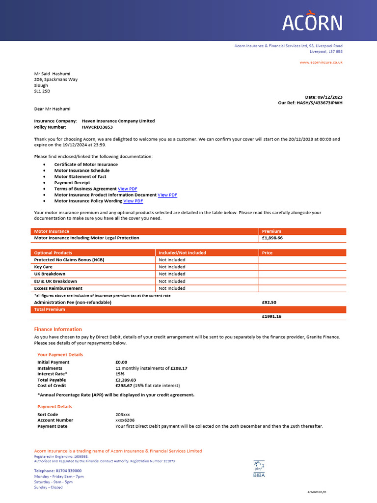 Acorn Welcome Letter PC v3.7 | PDF | Insurance | Vehicle Insurance