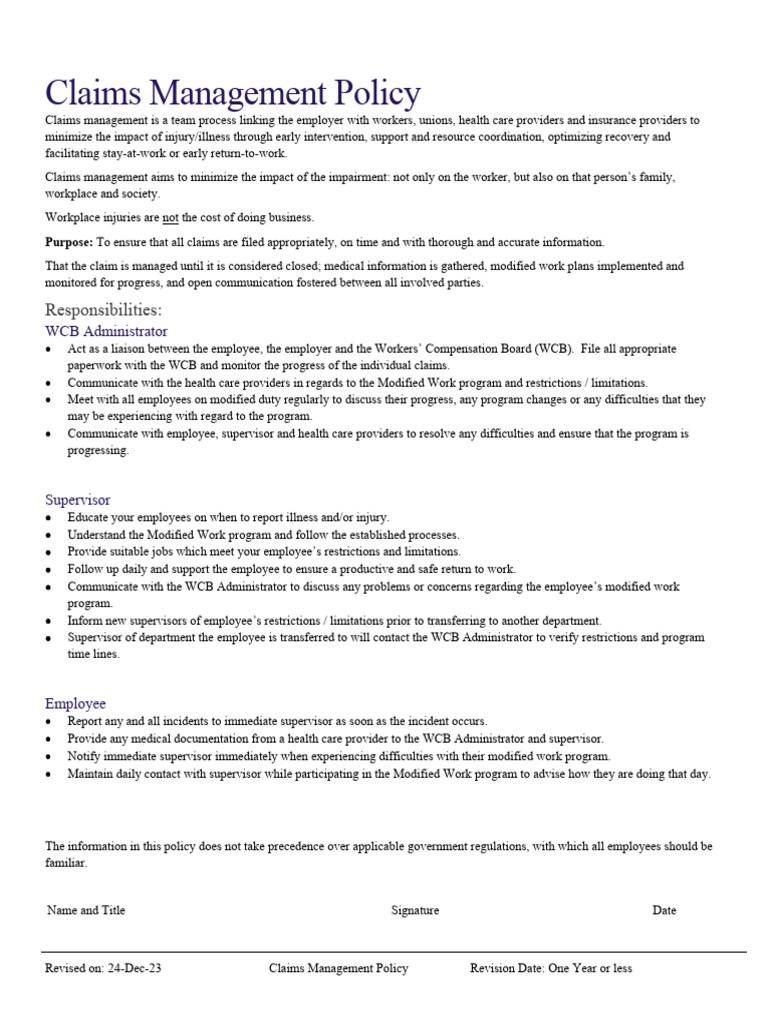 Claims Management Policy Template | PDF | Employment | Supervisor