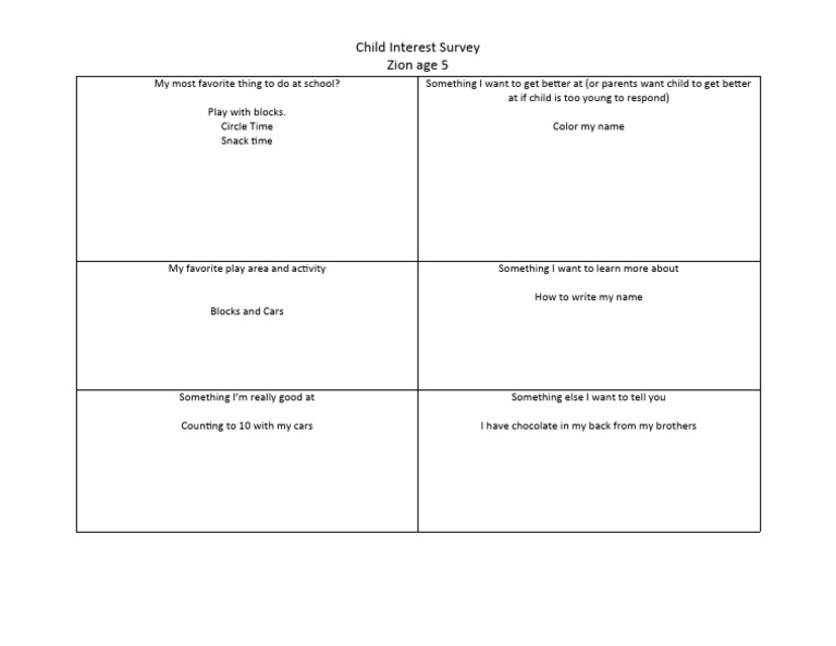 Child Interest Survey for Zion, Age 5 | PDF