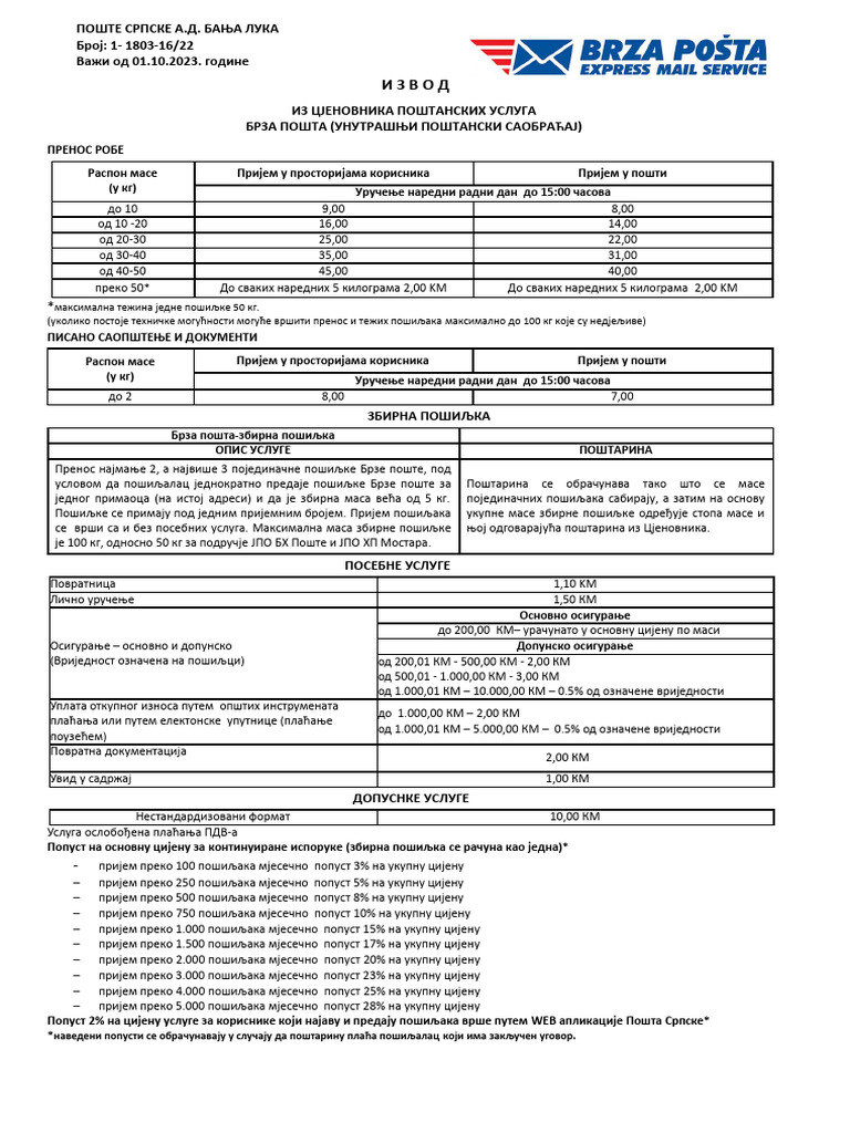 Izvod Iz Cjenovnika Brza Posta 2023 2 | PDF