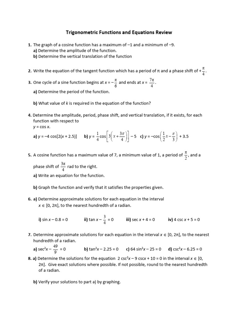 1 Trigonometric Functions And Equations Review Pdf Trigonometric Functions Euclidean