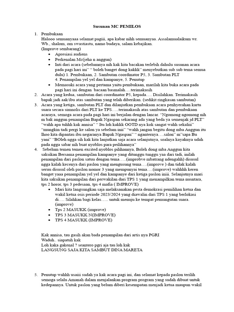 Susunan MC PEMILOS | PDF | Olahraga & Rekreasi | Seni & Disiplin Bahasa