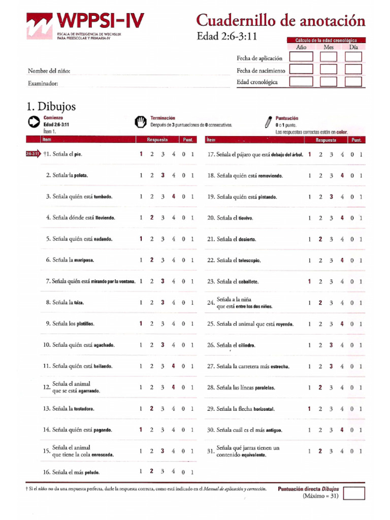 Wppsi Iv Cuadernillo de Anotacion Edad 2.6 A 3.11 | PDF