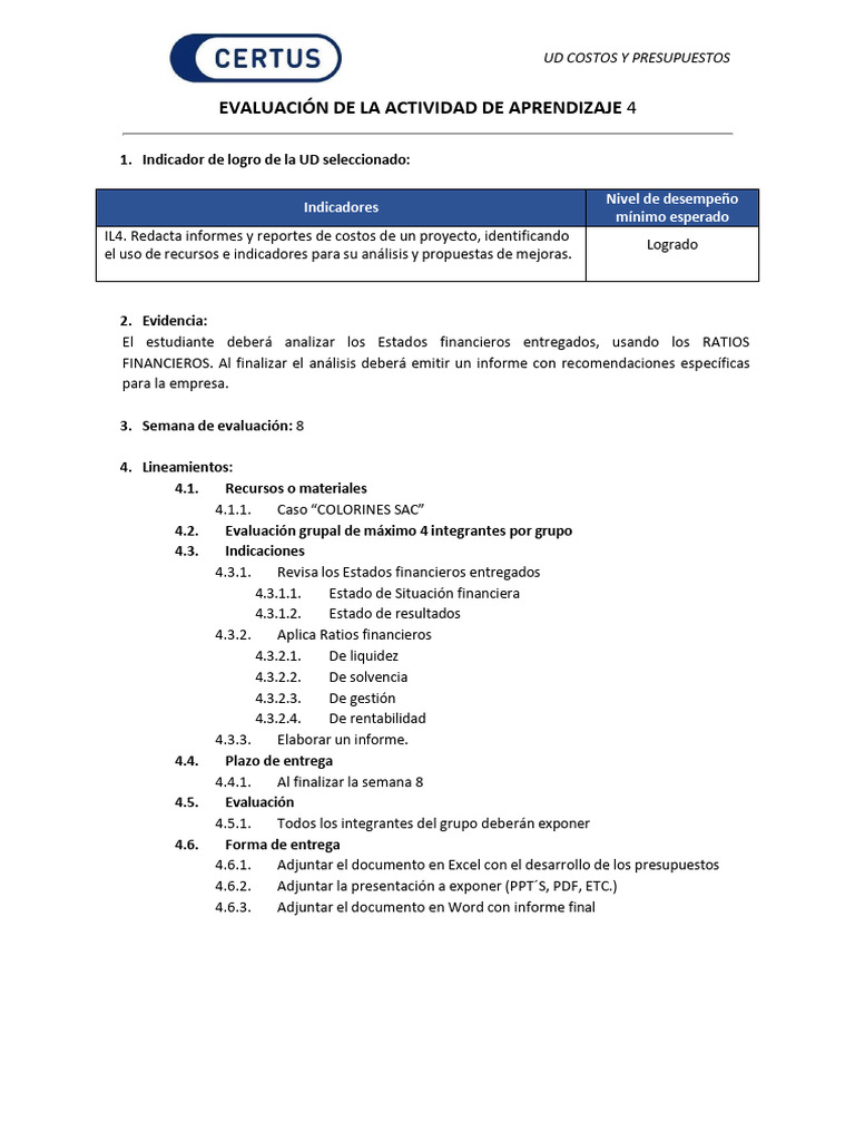 Lineamientos de Evaluación AA4 | PDF | Presupuesto | Estado financiero