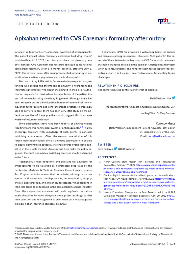 Apixaban Returned To CVS Caremark Formulary After | PDF | Health Care ...