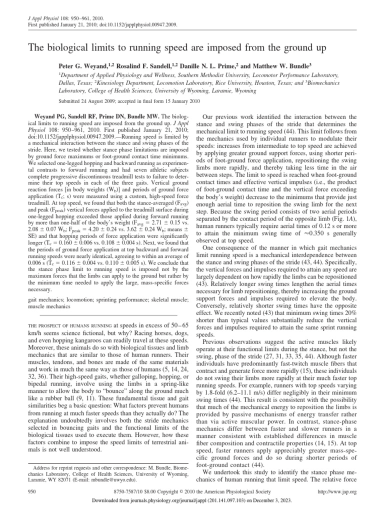 Weyand Et Al 2010 The Biological Limits To Running Speed Are Imposed ...