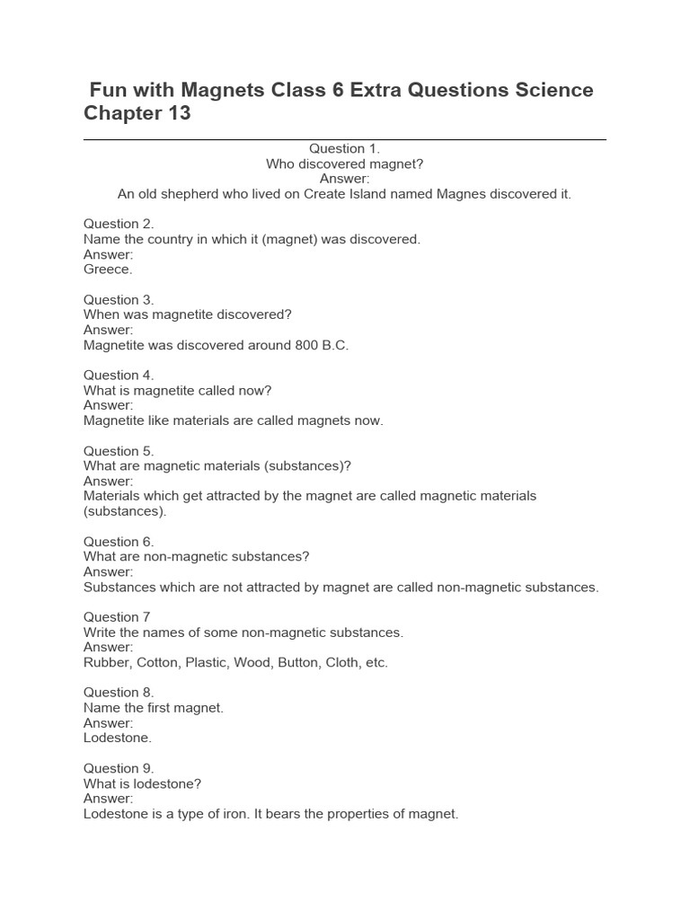 Fun With Magnets Class 6 Extra Questions Science Chapter 13 | PDF ...