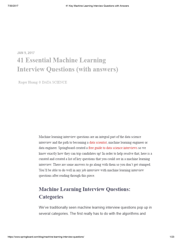 41 Key Machine Learning Interview Questions With Answers | PDF