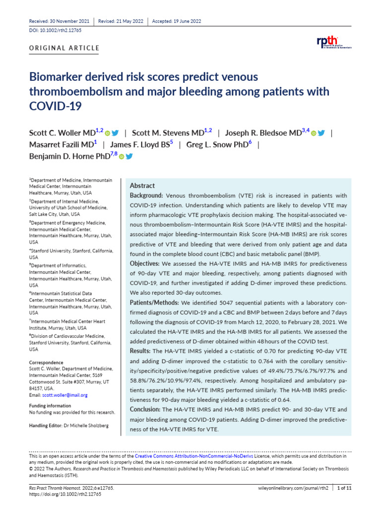 Biomarker Derived Risk Scores Predict Venous Throm | PDF | Thrombosis ...