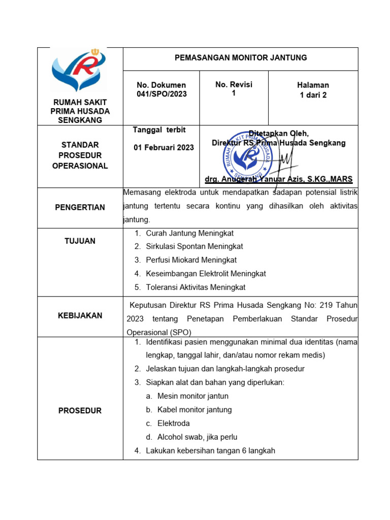 041 Sop Pemasangan Monitor Jantung | PDF