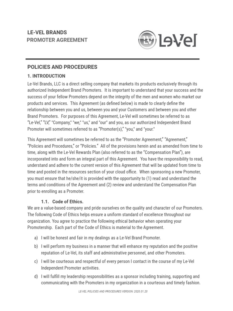 Le-Vel Brand Promoter Agreement Guide | PDF | Trust Law | Employment