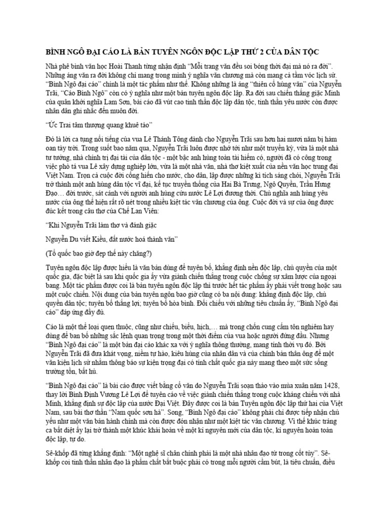 BÌNH NGÔ ĐẠI CÁO LÀ BẢN TUYÊN NGÔN ĐỘC LẬP THỨ 2 CỦA DÂN TỘC | PDF