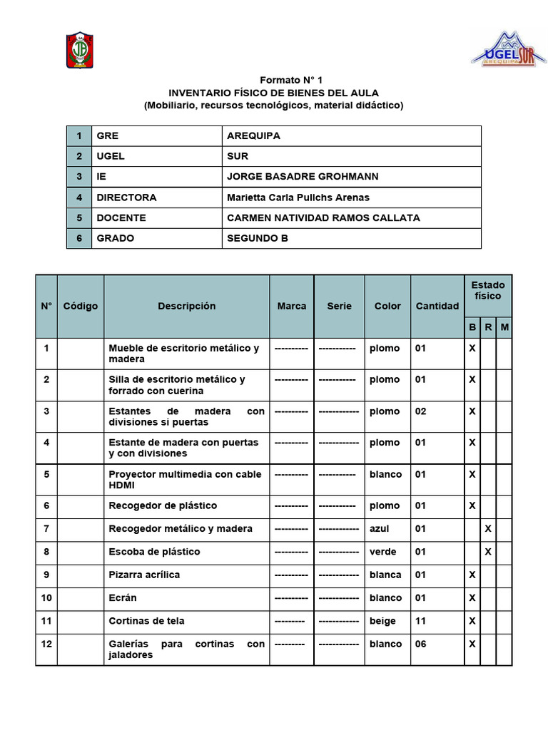 Ejemplo De Inventario De Aula