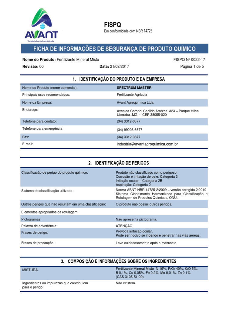 FISPQ do Fertilizante Spectrum Master | PDF | Vapor | Química