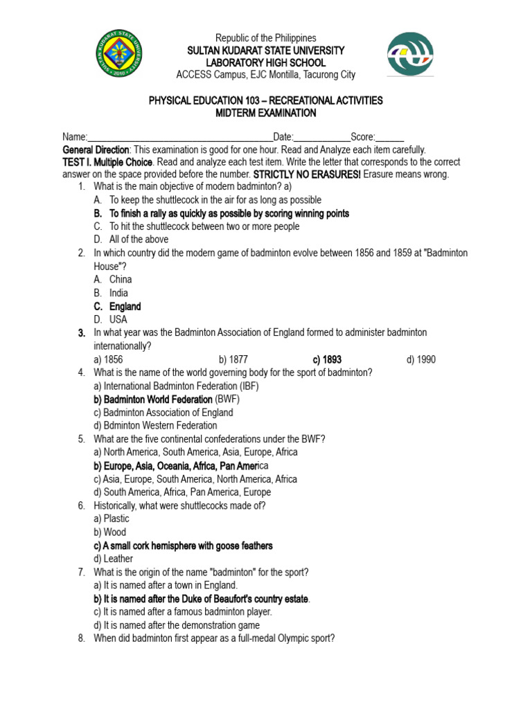 Badminton Exam | PDF | Sports | Entertainment