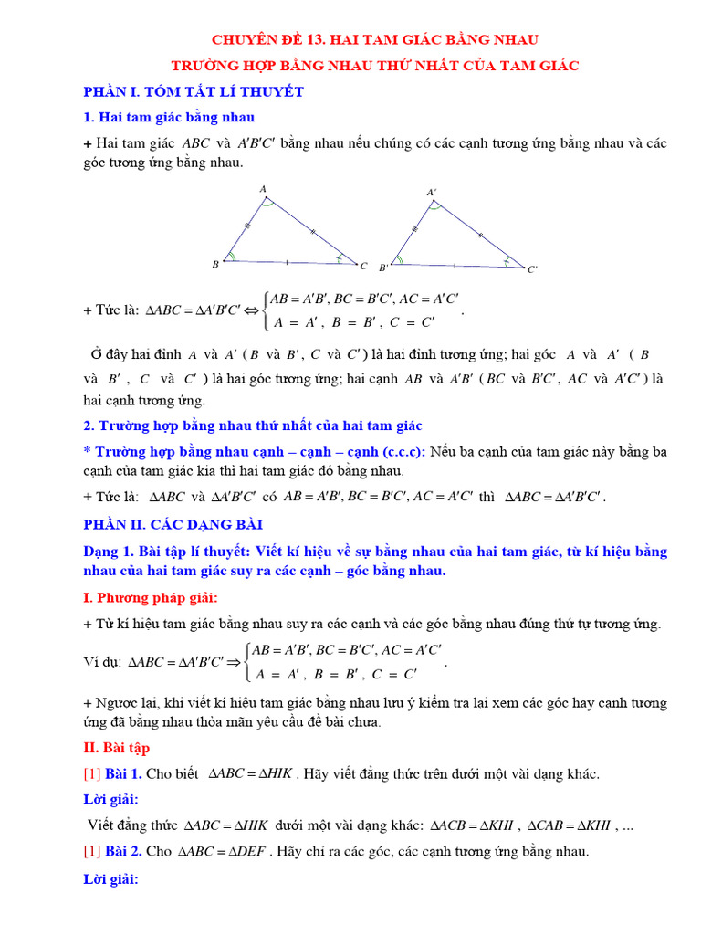 Chuyen de Hai Tam Giac Bang Nhau Truong Hop Bang Nhau Thu Nhat Cua Tam Giac Toan 7 | PDF