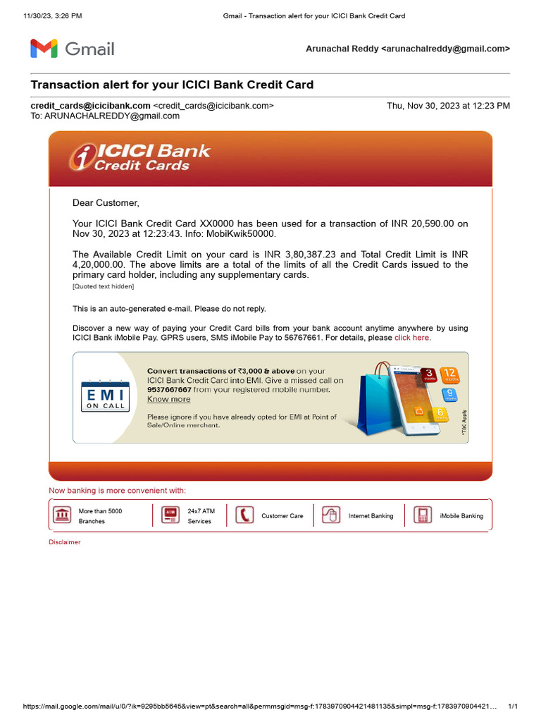 Gmail - Transaction Alert For Your ICICI Bank Credit Card20 | PDF