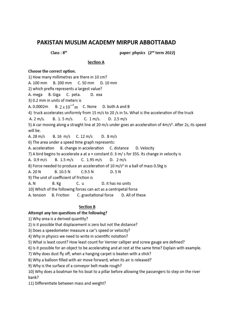8th Phy Paper 2022 2nd Term | PDF | Acceleration | Mechanics