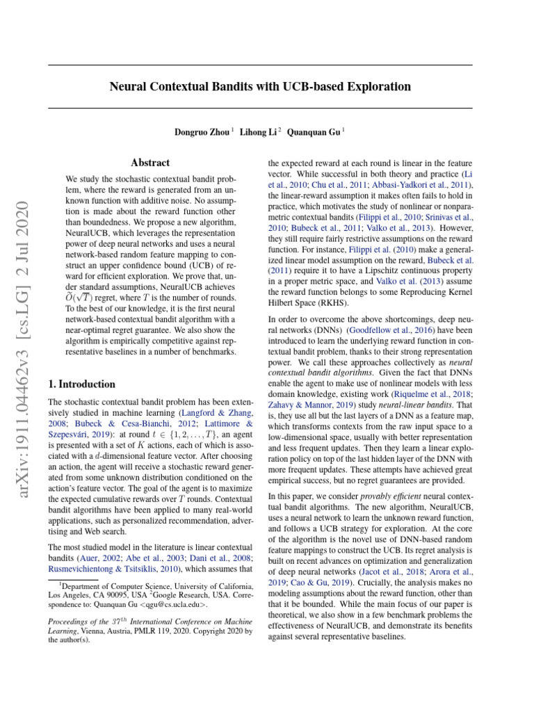 Neural Contextual Bandits With UCB-based Exploration | PDF | Deep Learning | Matrix (Mathematics)