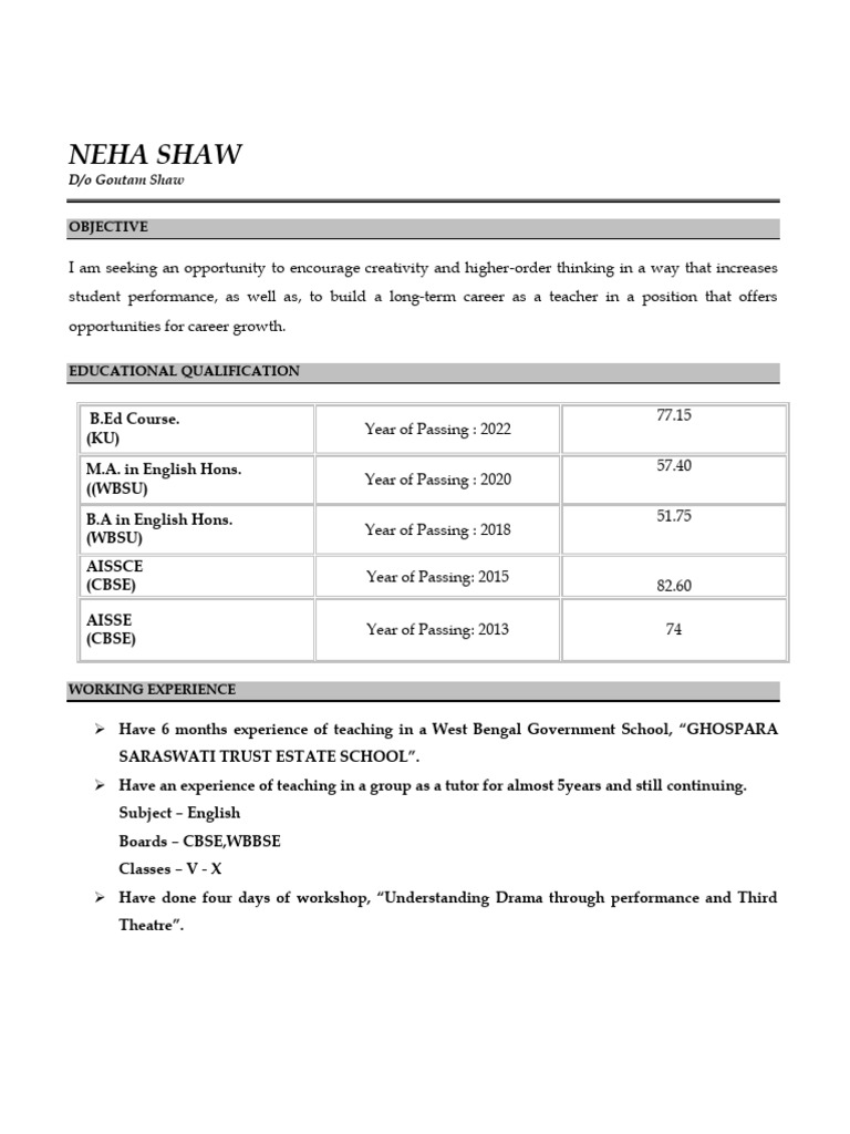 Curriculum Vitae of Neha Shaw | PDF