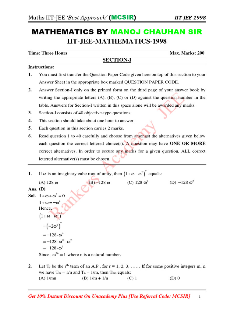 JEE Advanced 1998 - 2022 All Solutions Merged | PDF | Odds | Elementary Geometry