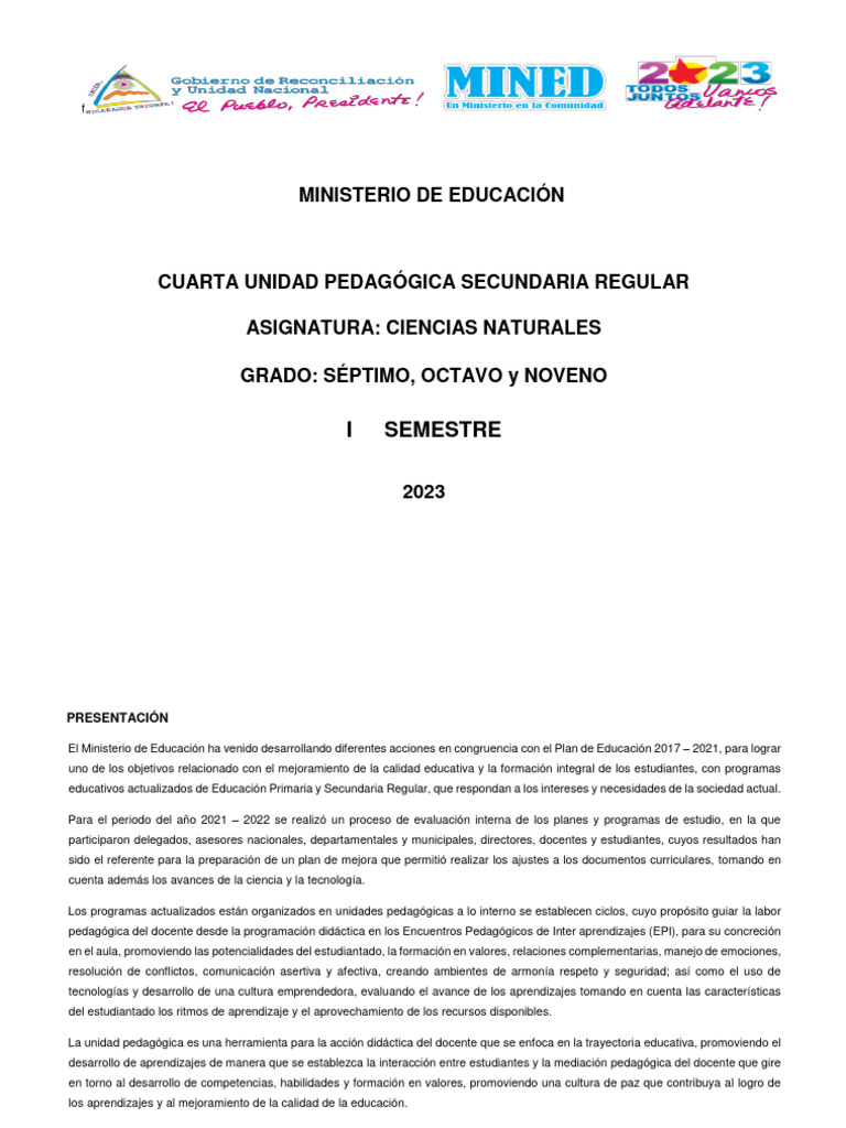 IV Unidad Pedagogica 7mo A 9no CCNN VF 20 ENERO 2023 | PDF | Educación primaria | Plan de estudios