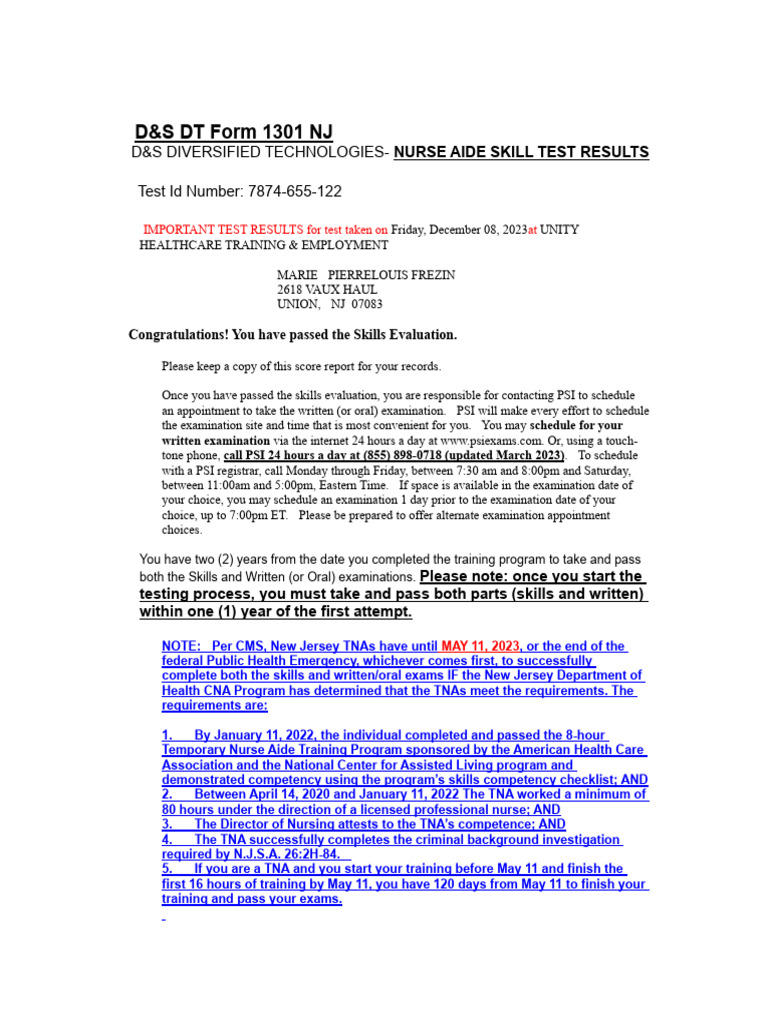 Nurse Aide Skill Test Results NJ | PDF | Nursing | Health Sciences