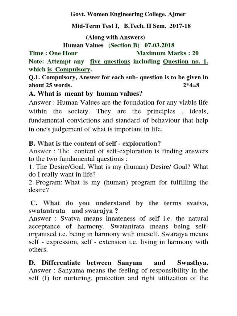 101 Human Values, Along With Answers, I Mid Term, B.Tech. II Sem. March ...