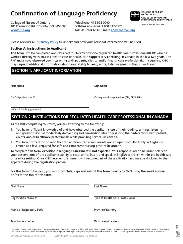 CNO Language Proficiency Confirmation Form | PDF | Health Professional ...