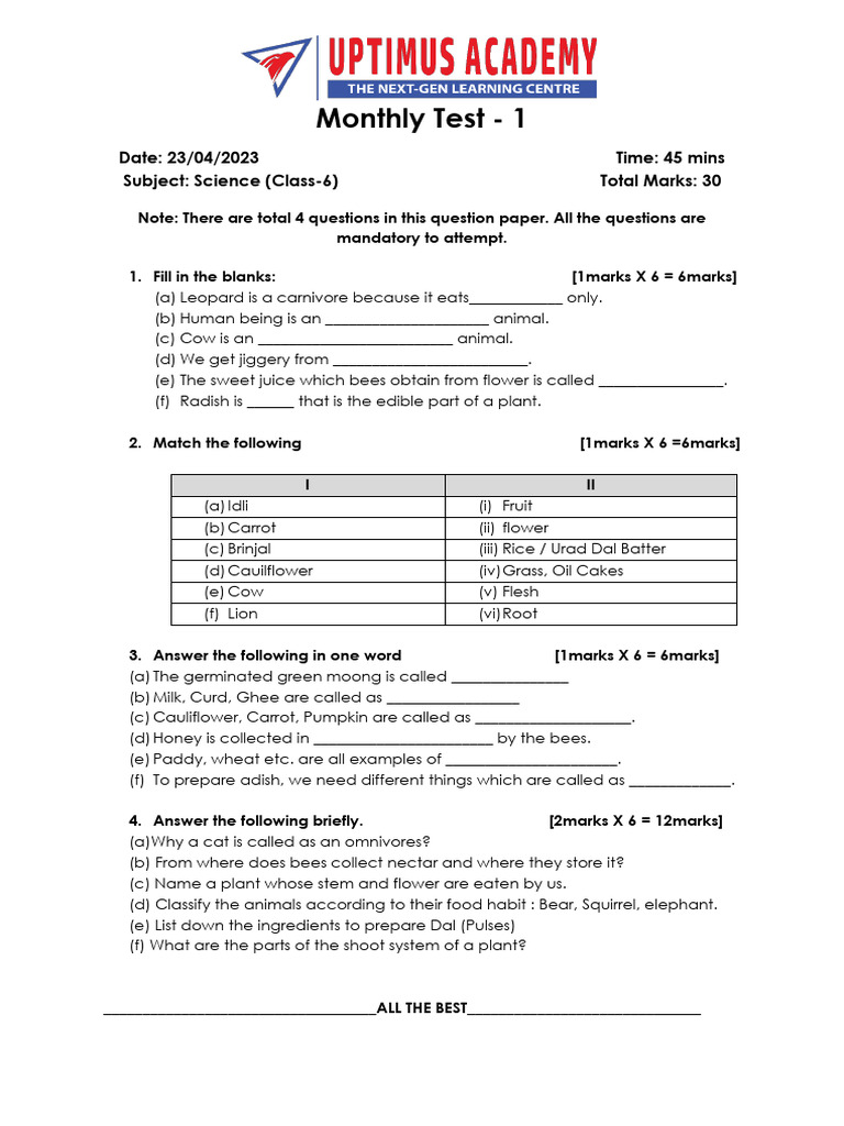 Science Class 6 Monthly Test-1 | PDF