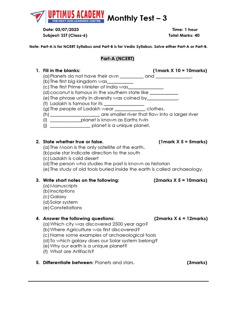 SST Class 6 Monthly Test-3 | PDF | Planets | Earth