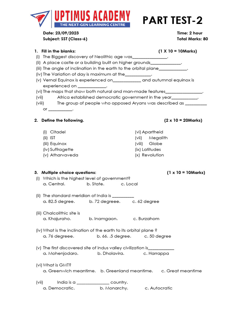 SST Class 6 Part Test-2 | PDF SST Class 6 Part Test-2 | PDF