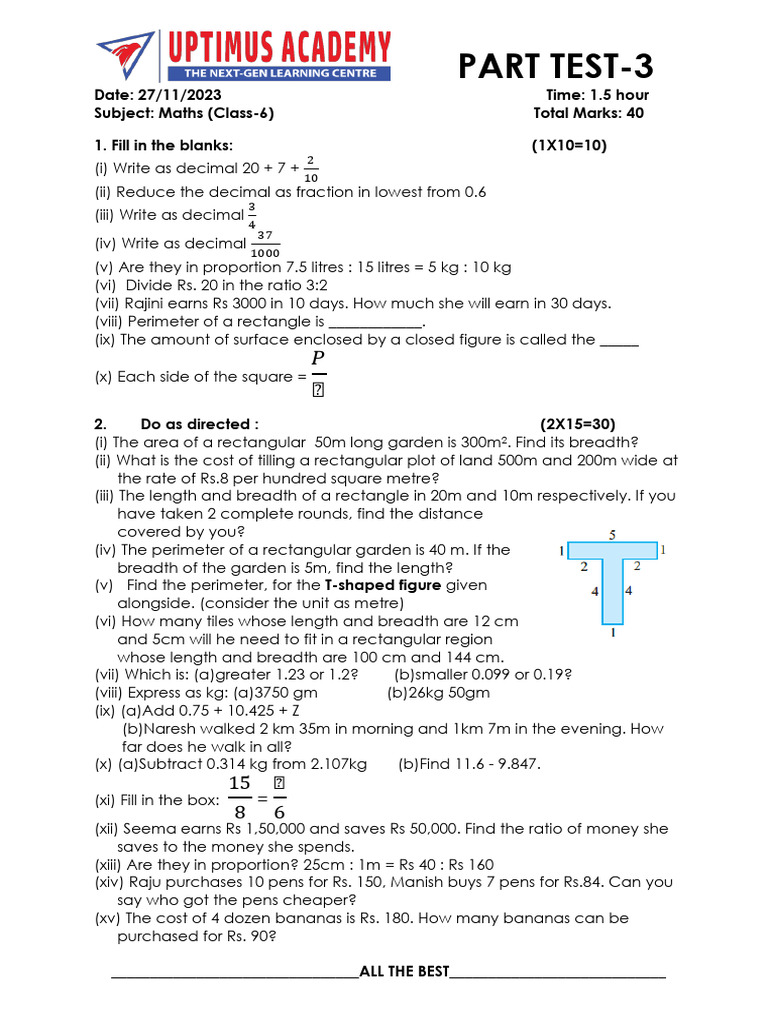 Maths Class 6 Part Test-3 | PDF Maths Class 6 Part Test-3 | PDF