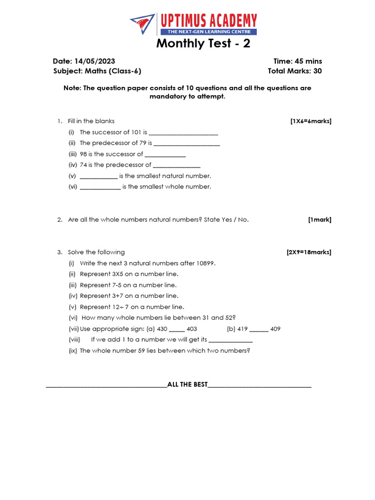 Maths Class 6 Monthly Test-2 | PDF