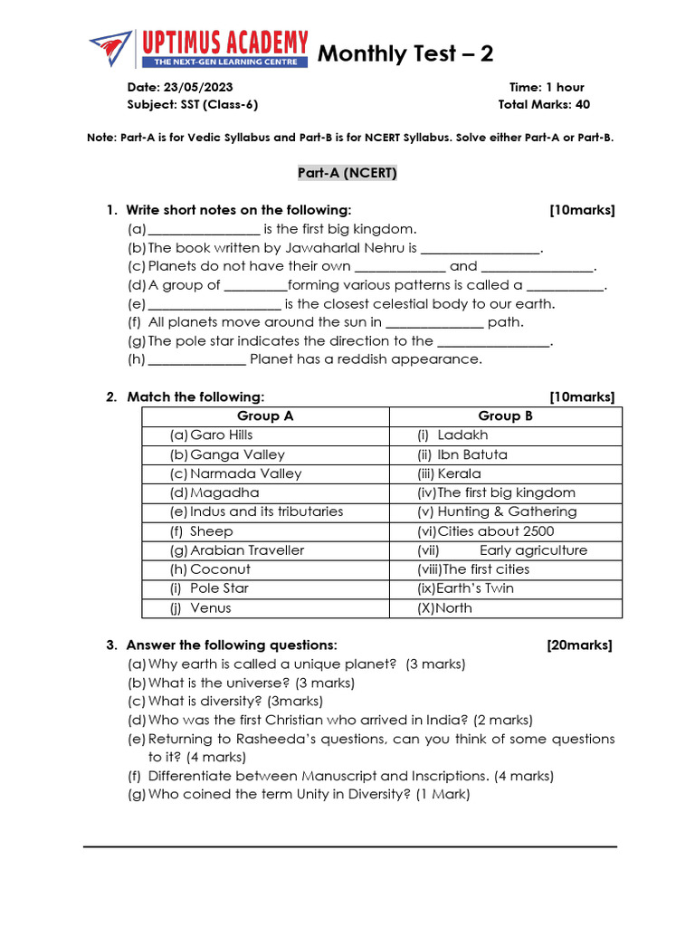 SST Class 6 Monthly Test-2 | PDF | Astronomy