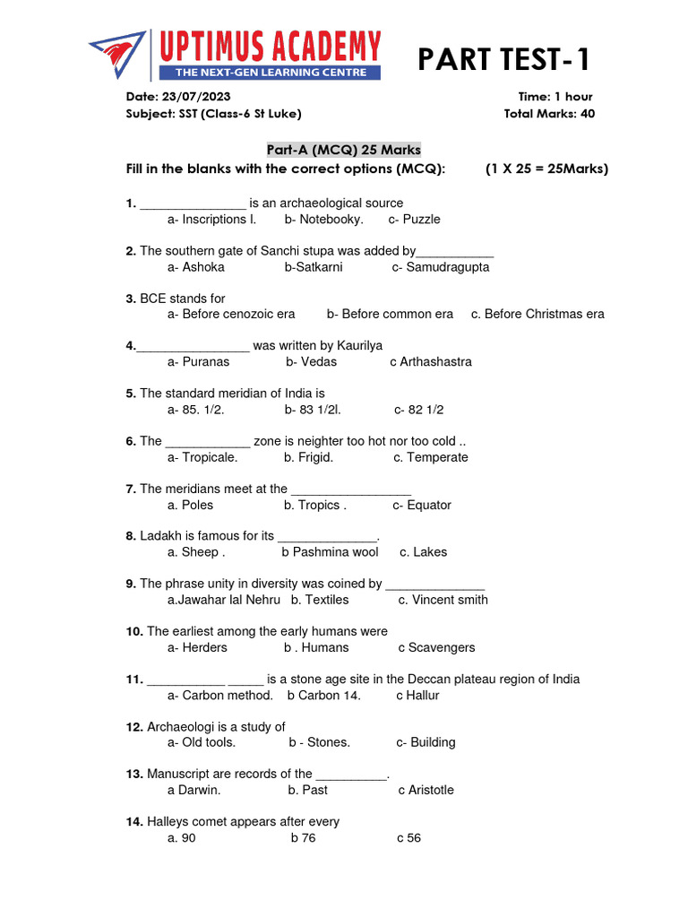 SST Class 6 Part Test-1 | PDF | Astronomy | Physical Sciences