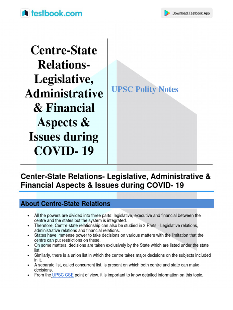 Centre-State Relations: Legislative, Administrative & Financial Aspects | PDF | Taxes | Government