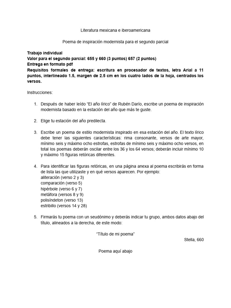 Instrucciones para El Poema Del Segundo Parcial 23 24 Lit Mex e | PDF