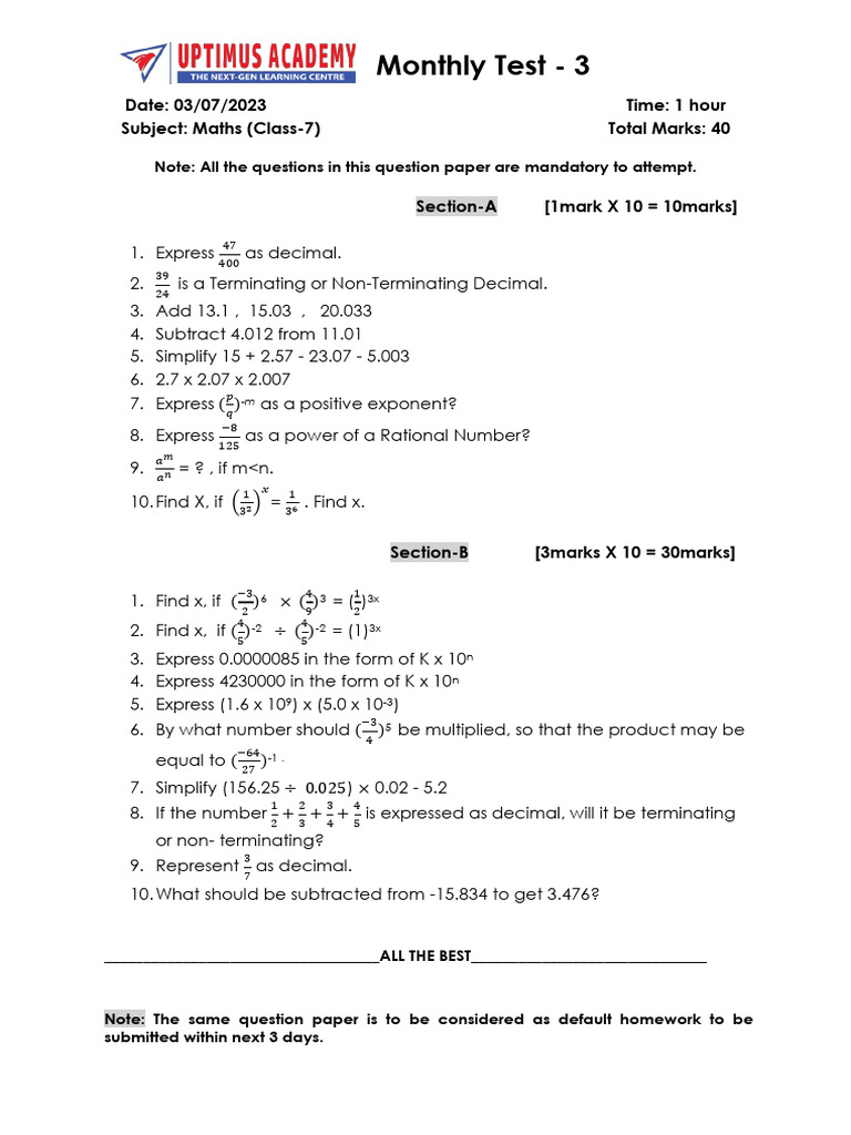 Maths Class 7 Monthly Test-3 | PDF