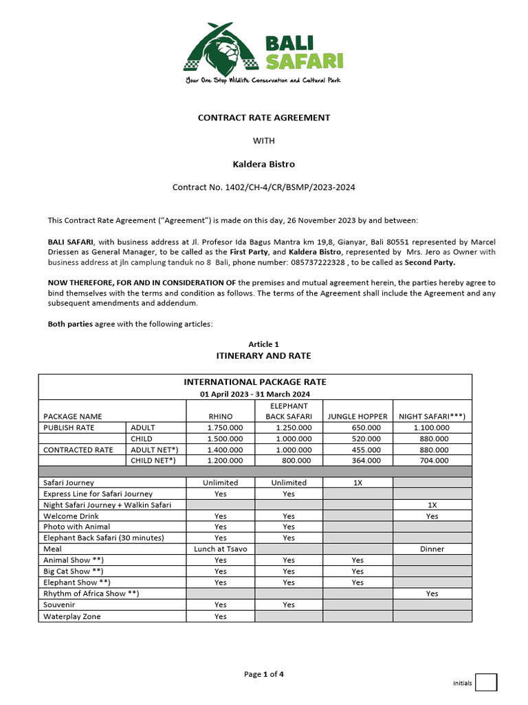 1402-Contract Rate Bali Safari 2023 - 2024 | PDF | Indonesian Rupiah | Economies