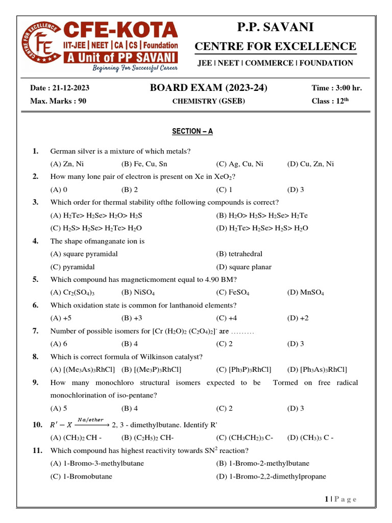 Class 12 GSEB Chemistry Board Exam 2023-24 | PDF | Chemistry | Chemical ...