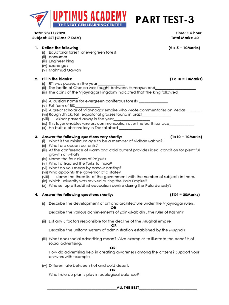 Sst Class 7 Part Test 3 Pdf