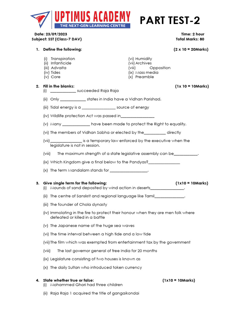 SST Class 7 Part Test-2 | PDF | Asia