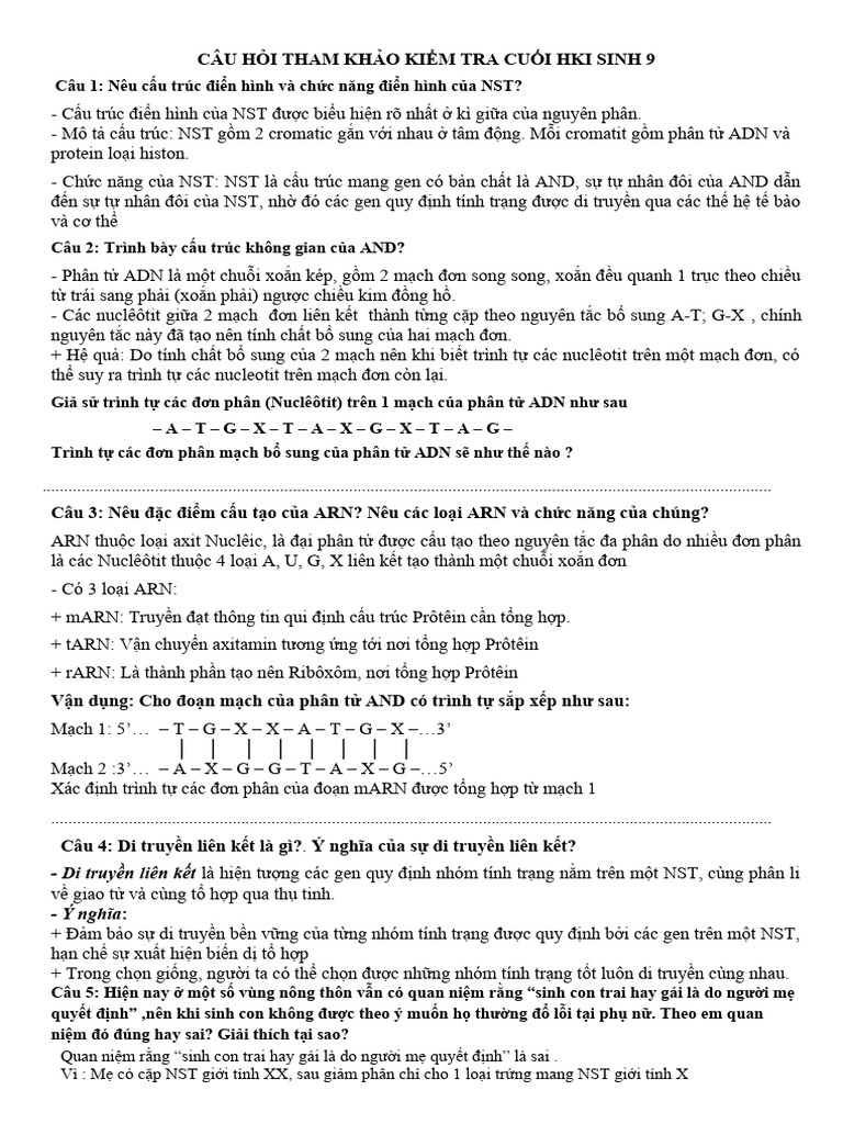CÂU HỎI THAM KHẢO KIỂM TRA CUỐI HKI SINH 9 | PDF