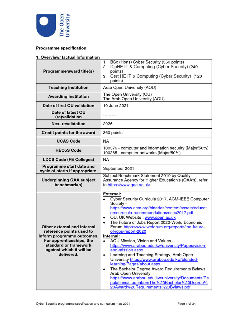 CYS - Programme Specification | PDF | Computer Security | Security