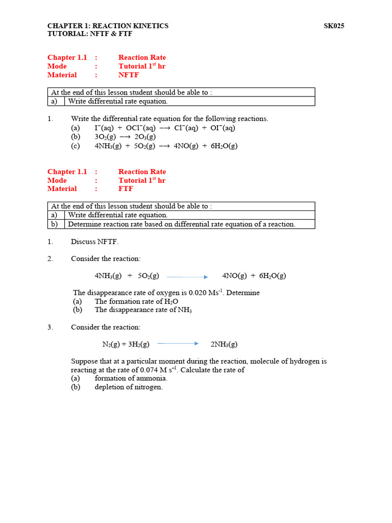 Chapter 1 Tutorial NFTF & FTF Sk025 22-23 Question | PDF | Reaction ...