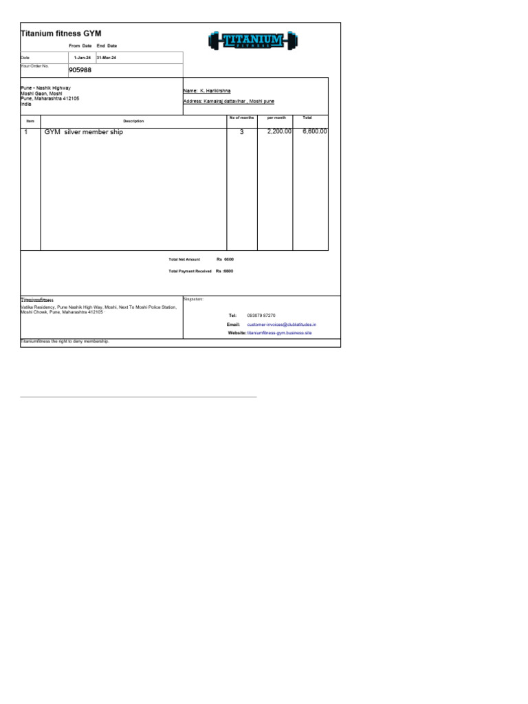Titanium Fitness Club Membership Invoice | PDF