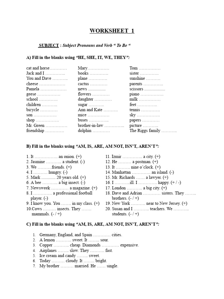 Subject Pronouns & Verb "To Be" Worksheet | PDF | Linguistics | Syntax